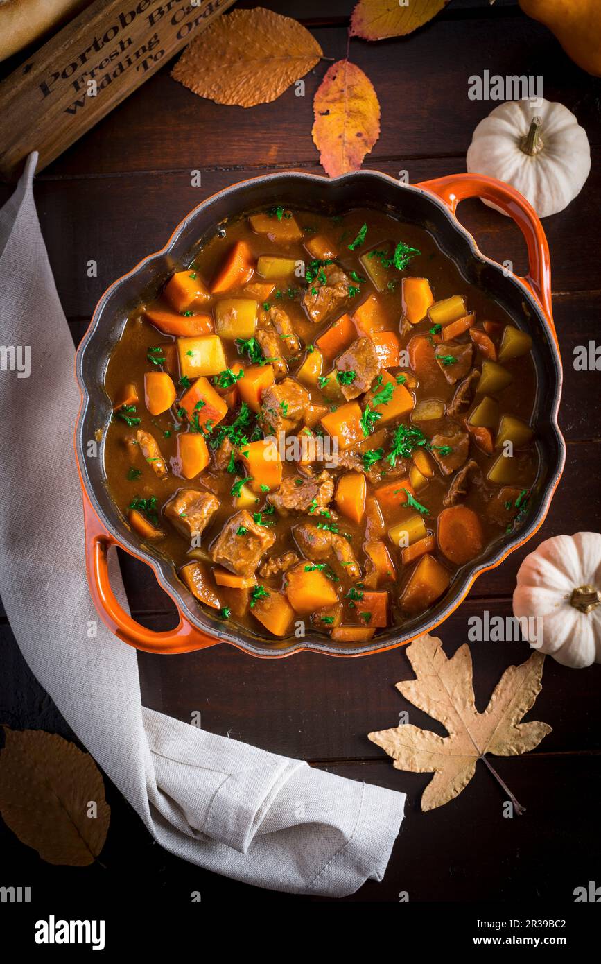 Irish stew with pumpkin and guinness in a pumpkin cocotte Stock Photo ...