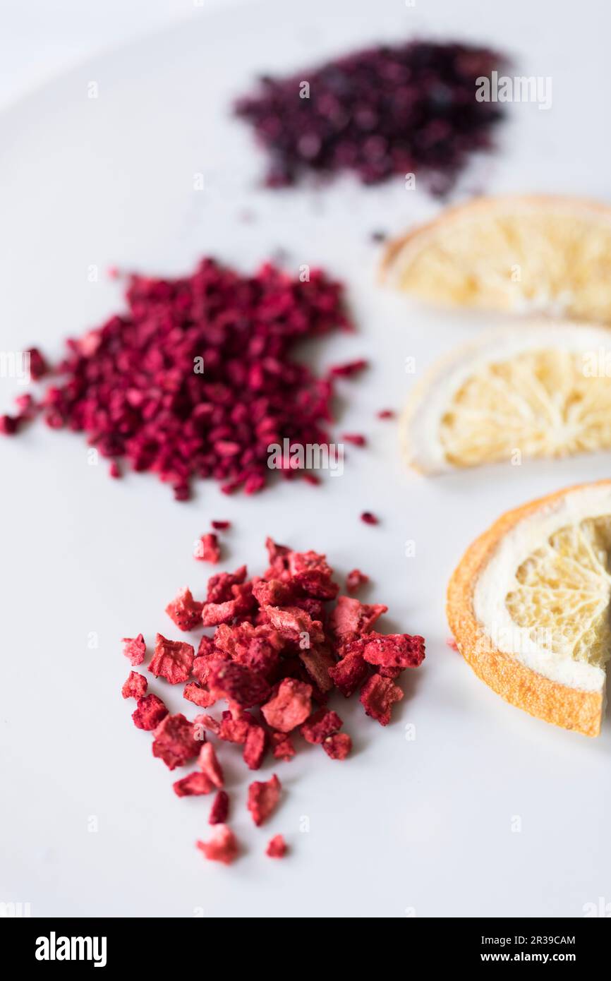 Freeze dried strawberries (foreground), raspberries (middle ...