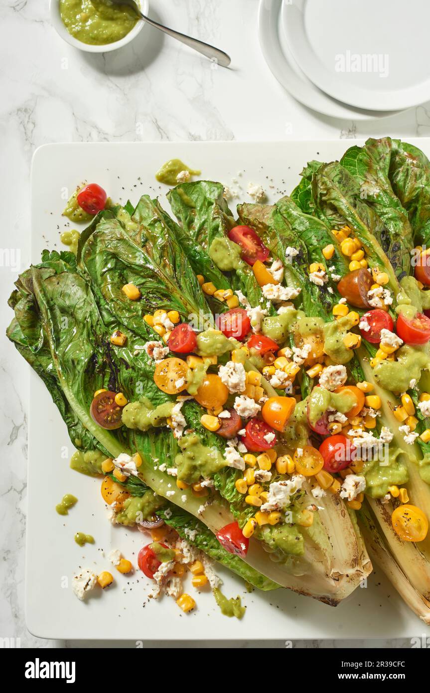 Summer cos lettuce salad with tomatoes, sweetcorn and feta cheese Stock ...