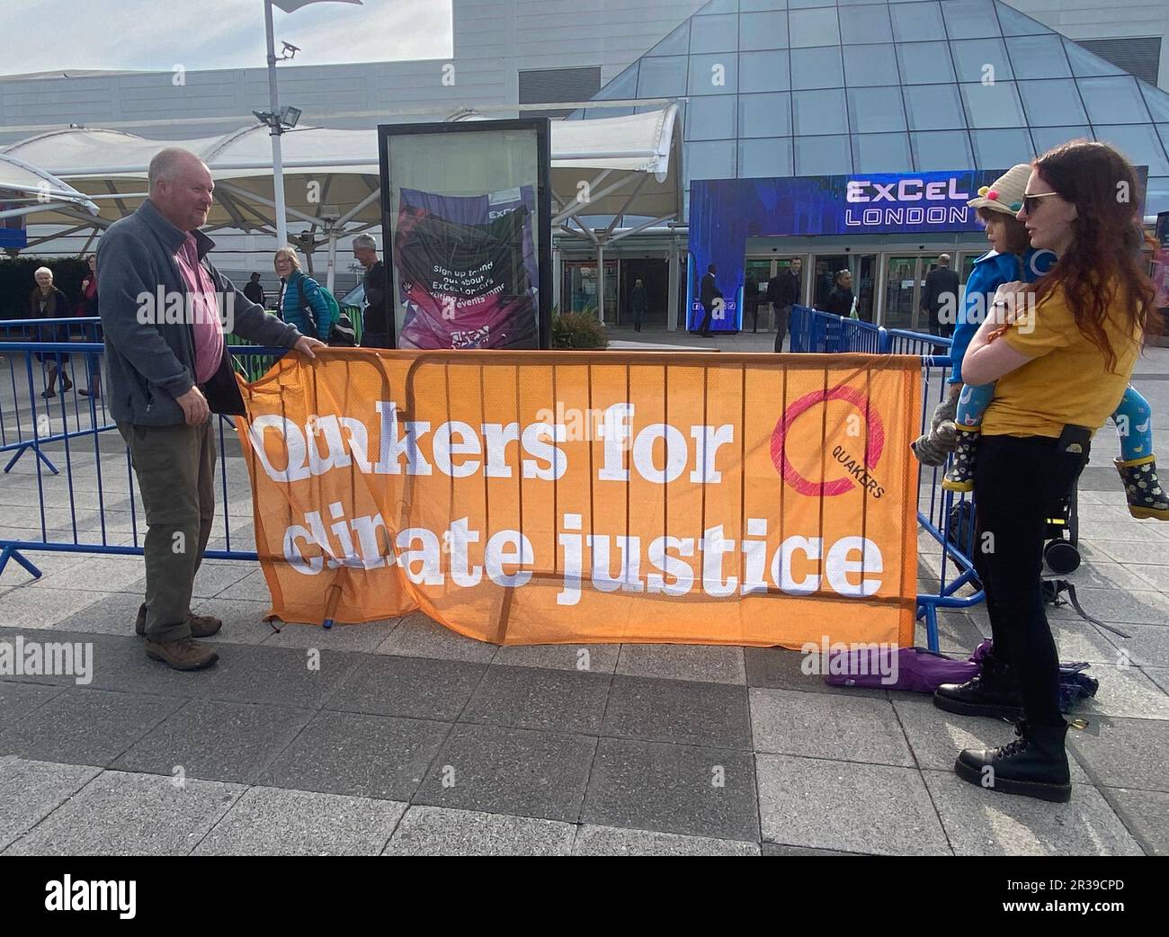 Climate protesters gathering outside the Excel centre in east London ...