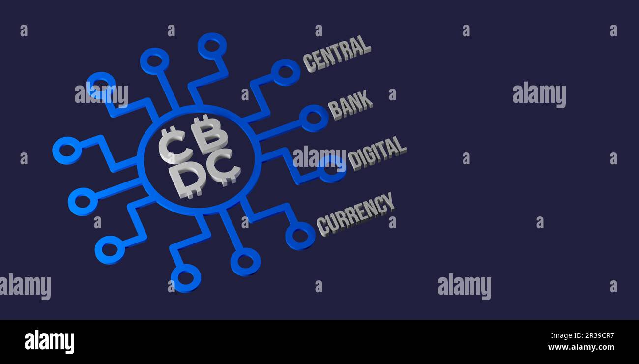 CBDC Central Bank Digital Currency banner on blue background. Futuristic fiat money symbol of ...