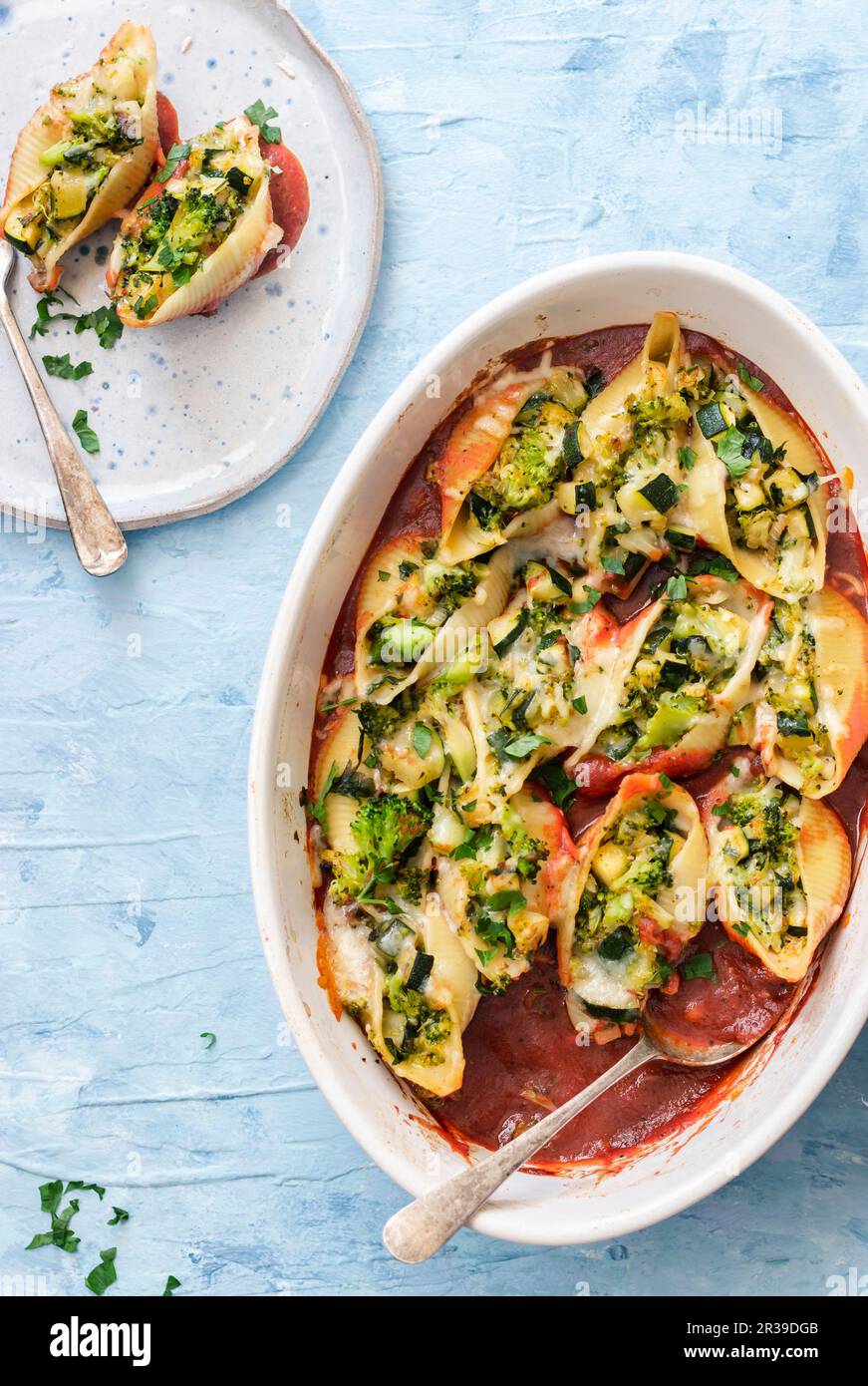 Pasta shells with zucchini, broccoli florets and mozzarella in tomato ...