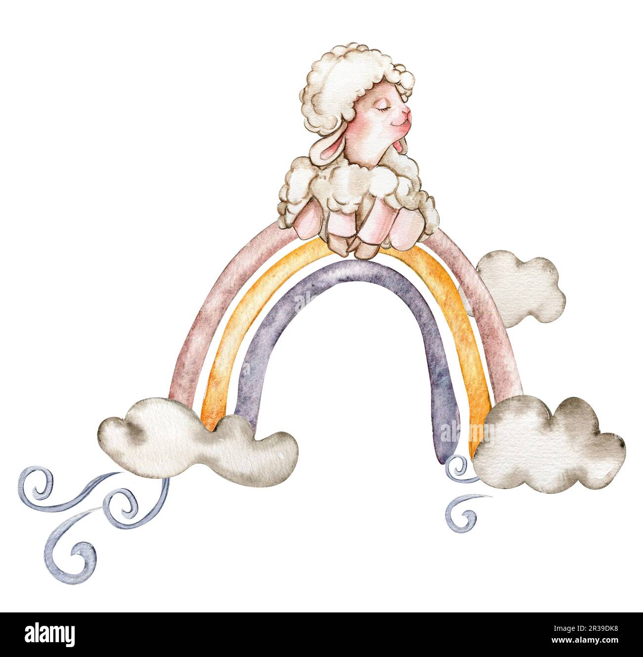 Cute white fluffy sheep sitting on the rainbow and clowds arround it ...