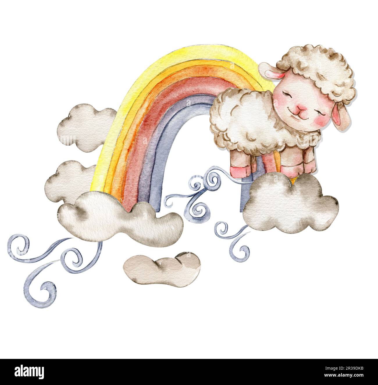 Cute white fluffy sheep sitting on the rainbow and clowds arround it ...
