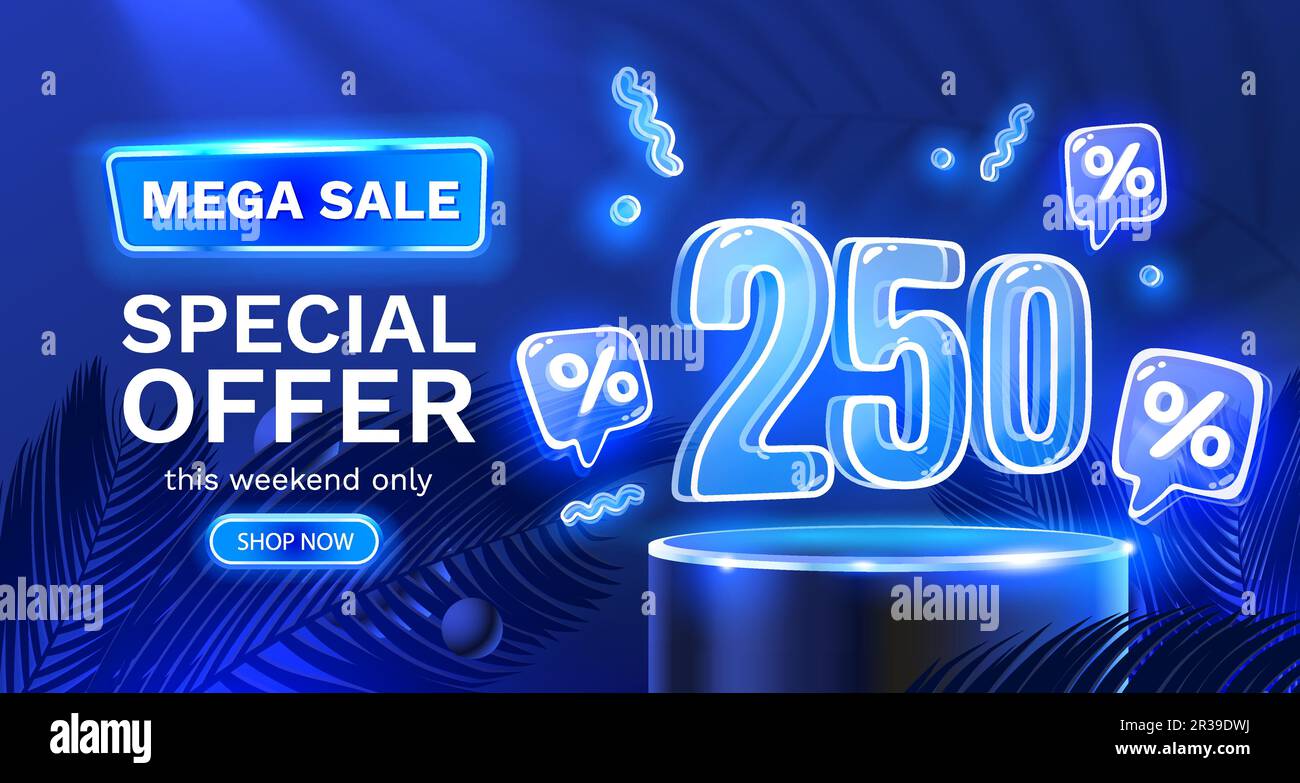Mega sale special offer, Neon 250 off sale banner. Sign board promotion. Vector Stock Vector ...