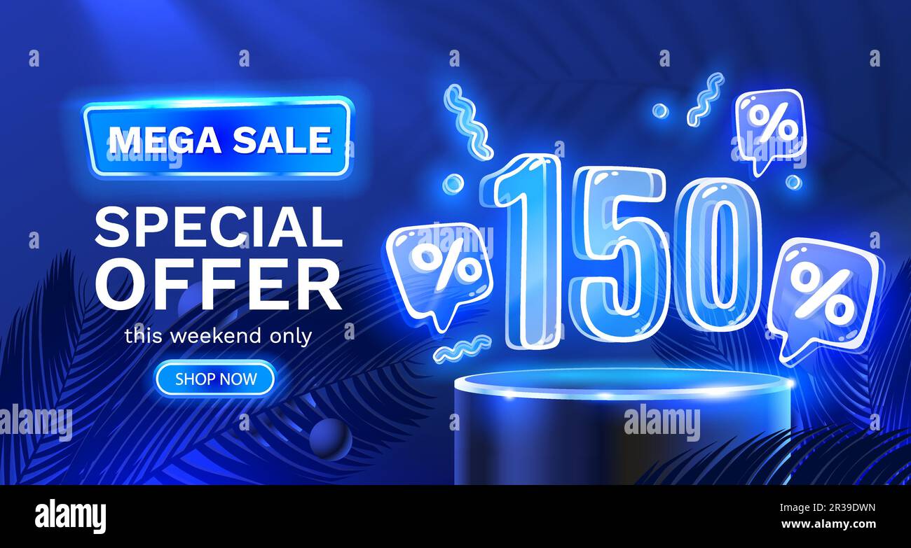 Mega sale special offer, Neon 150 off sale banner. Sign board promotion. Vector Stock Vector ...