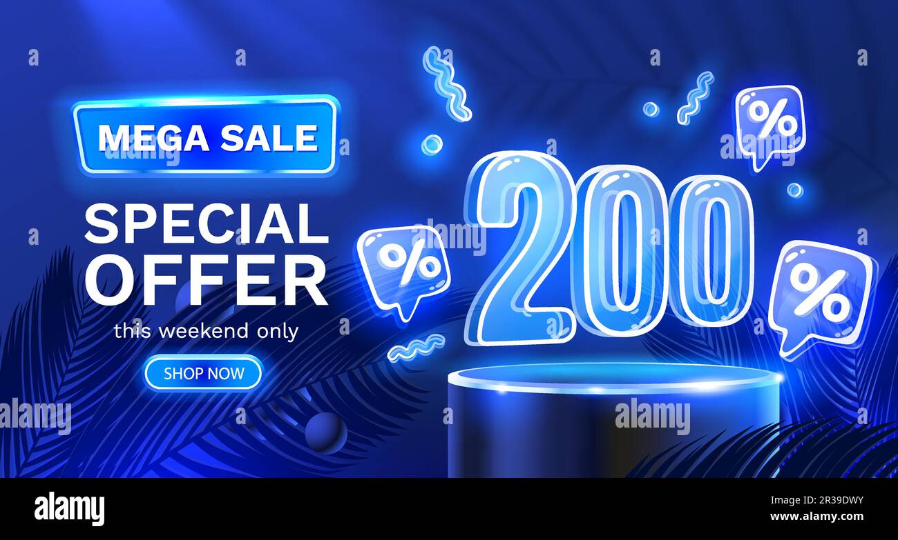 Mega sale special offer, Neon 200 off sale banner. Sign board promotion ...