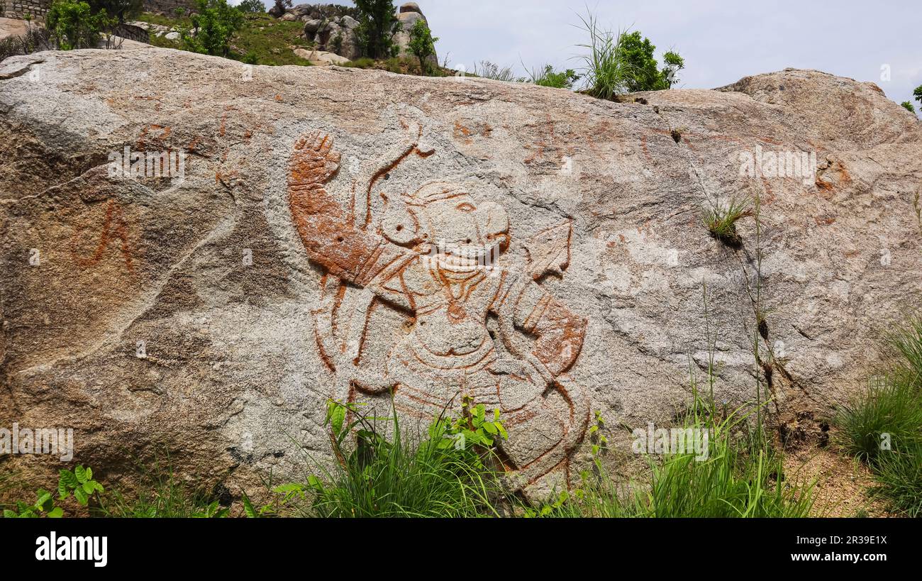 Carving of Lord Hanuman on the Rock of Gurramkonda Fort, Annamayya ...