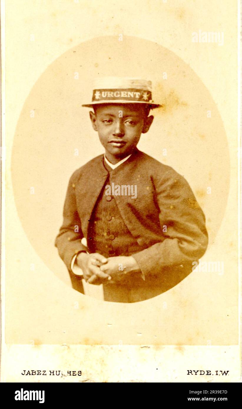 Portrait of Ethiopian Prince Alamayu wearing western clothing and a hat ...