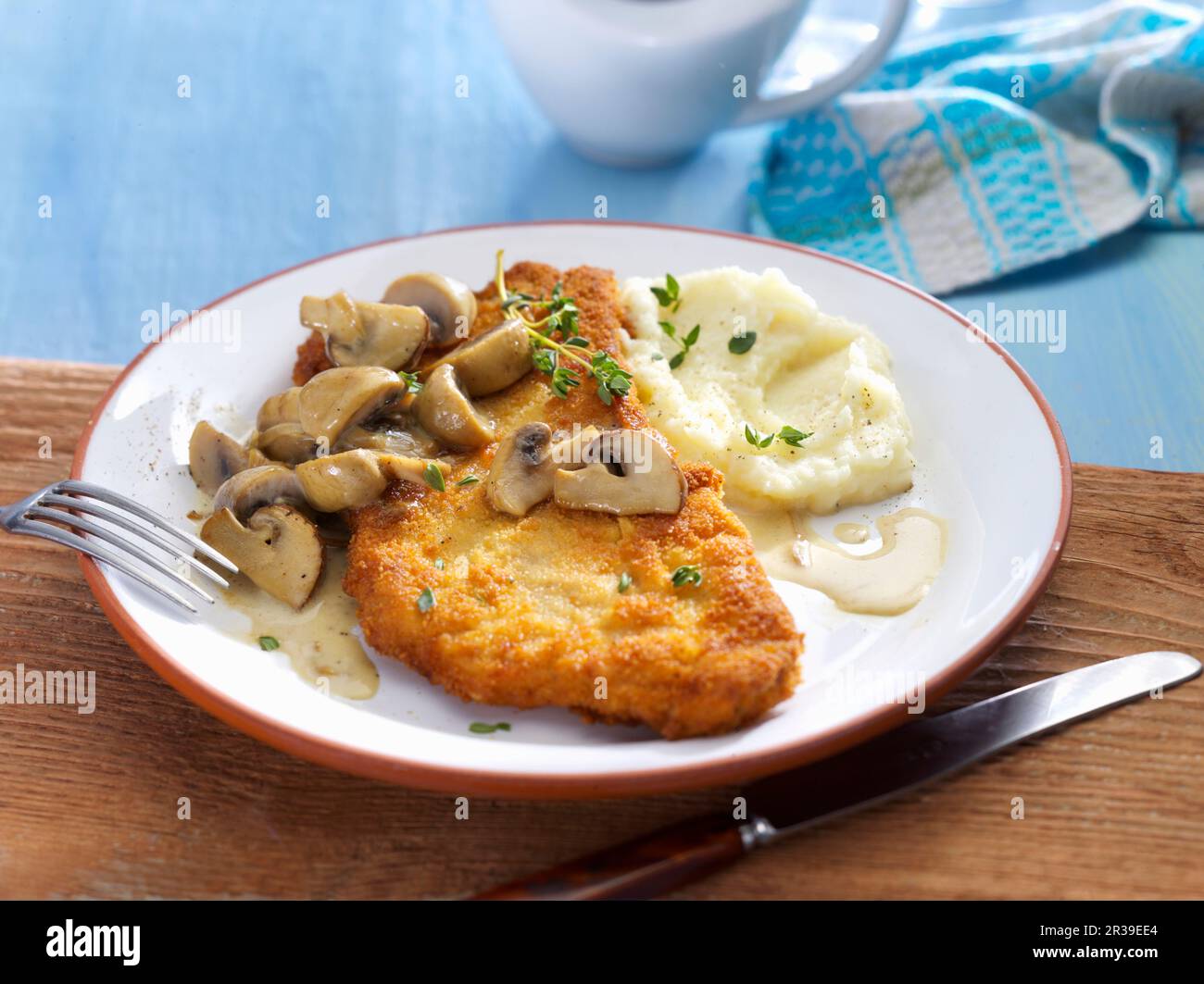 Escalope chasseur (pork escalope with mushroom sauce) with mashed ...