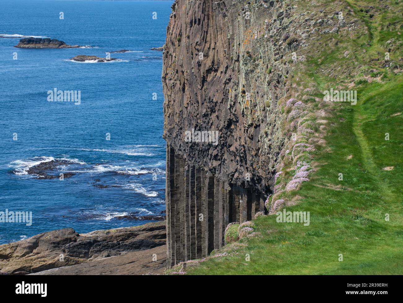 Looking down at basalt column rock formation Staffa Island Scotland ...