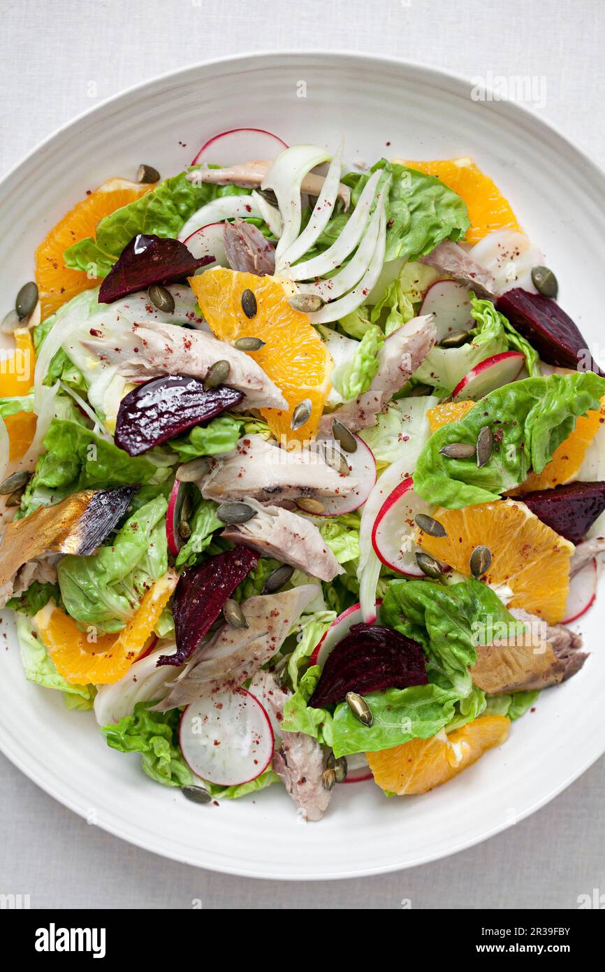 Orange, beetroot, chicken and fennel salad Stock Photo - Alamy