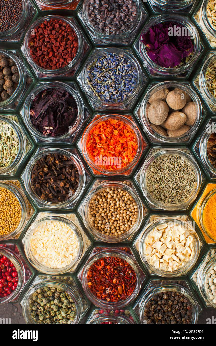 Different spices in bottles hi-res stock photography and images - Alamy