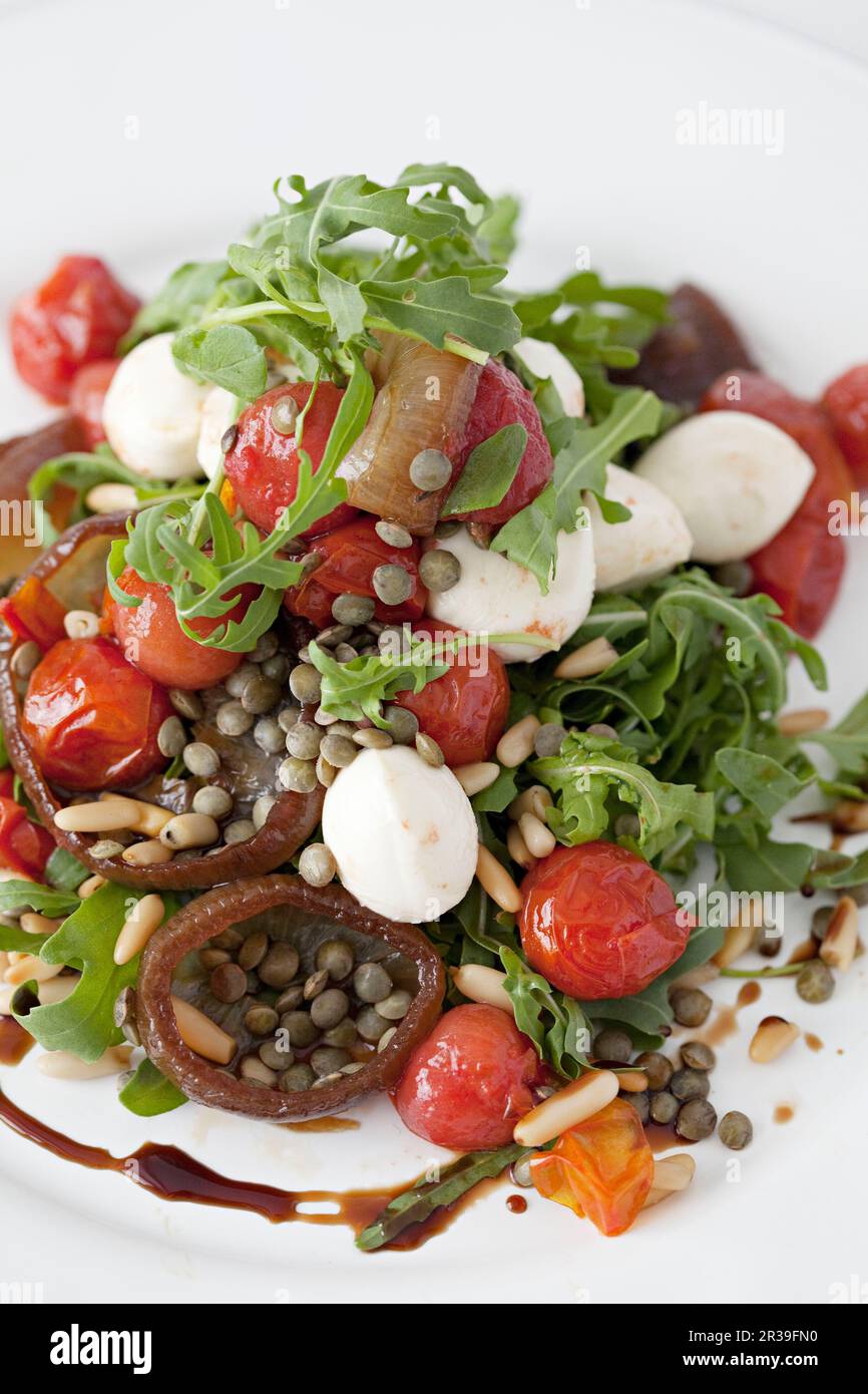 Lentil salad mixed with rocket, tomatoes and mozzarella balls Stock ...