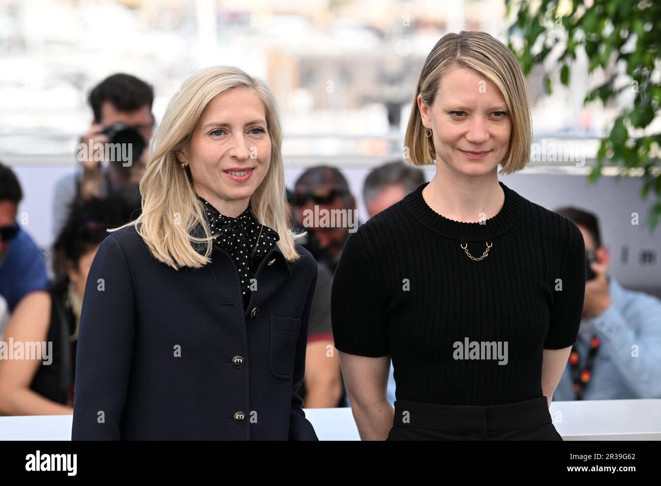 Jessica Hausner (left) and Mia Wasikowska attend the photocall for Club Zero, during the 76th ...