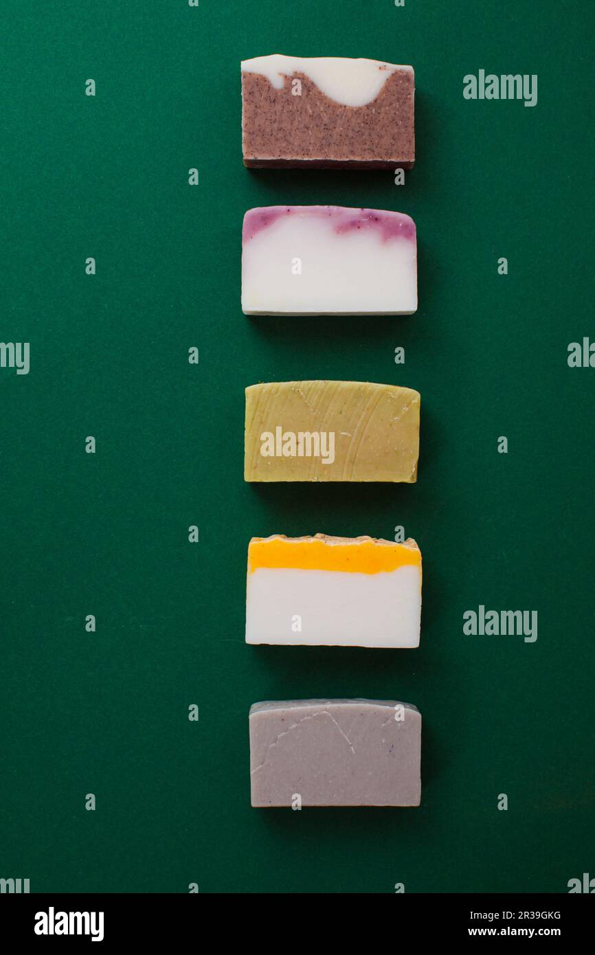 Different handmade soap bars, flat lay, top view. Eco soap and ...