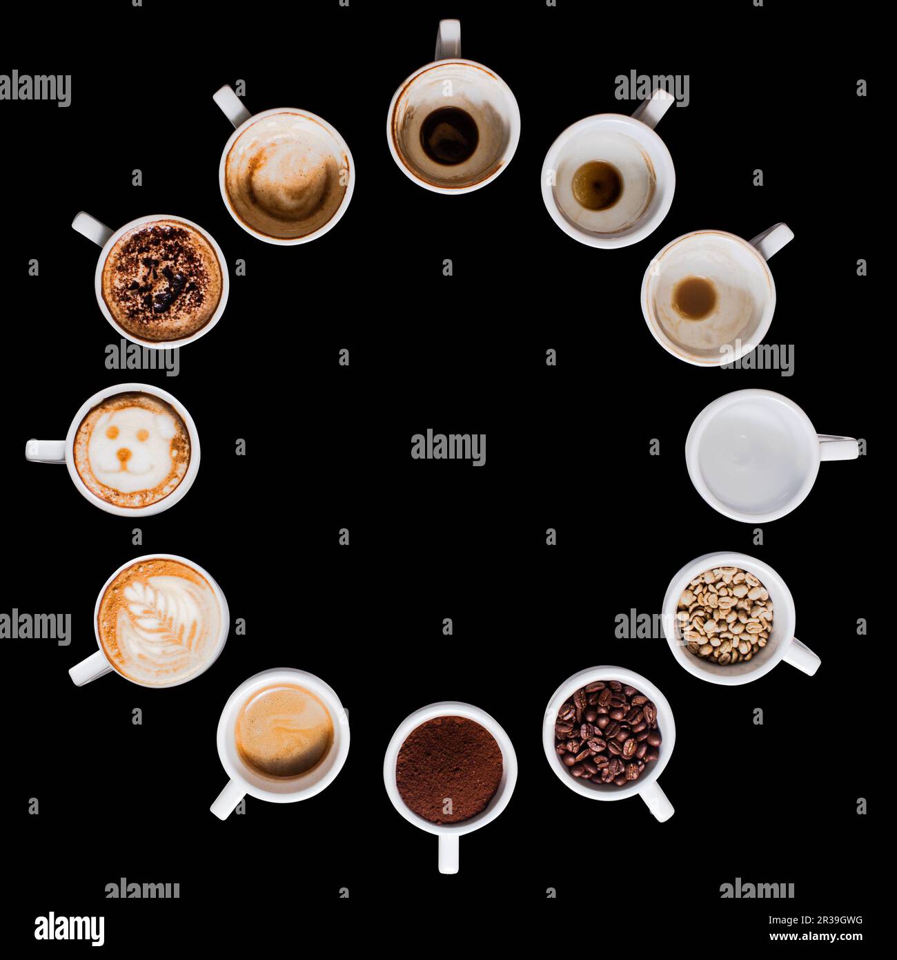 Circle of cups of coffee on a black background Stock Photo - Alamy