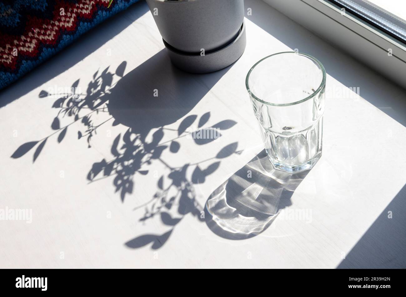 Sharp shadows on a white background. Shadows from an empty glass and ...