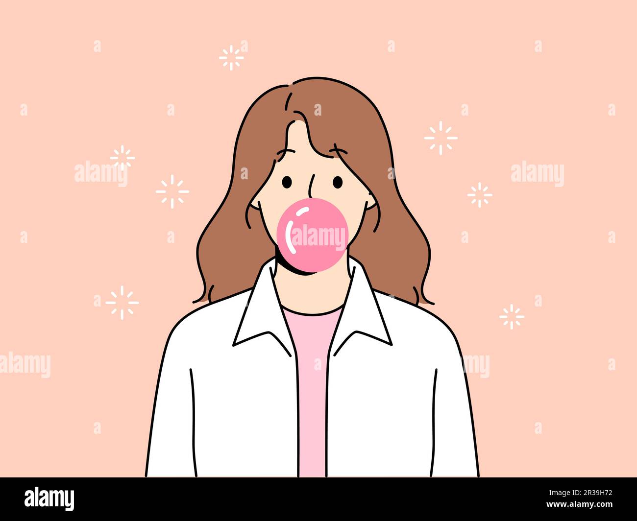 Smiling girl blow bubble from gum. Happy child with pink bubblegum. Fun and childhood. Vector ...