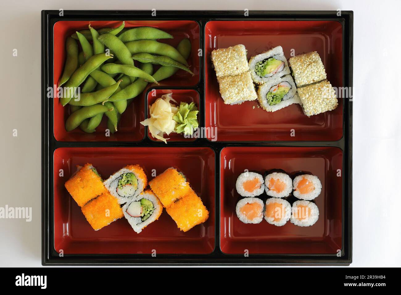 Edamame, sesame maki, California rolls and sake rolls Stock Photo - Alamy
