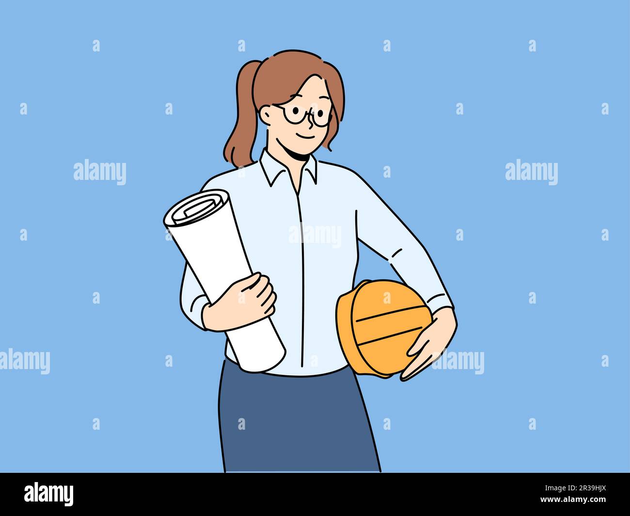 Smiling businesswoman with helmet and blueprints at building site ...