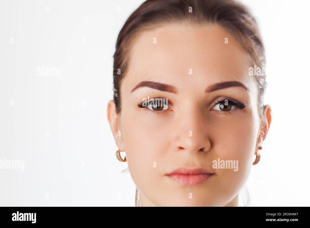 Portrait of beauty model with natural make up, formed eyebrows and long ...