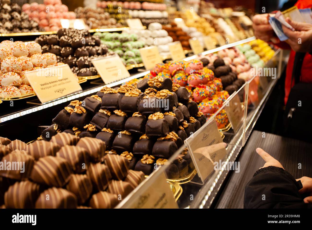 Stall with traditional chocolate festive candies at the Christmas ...