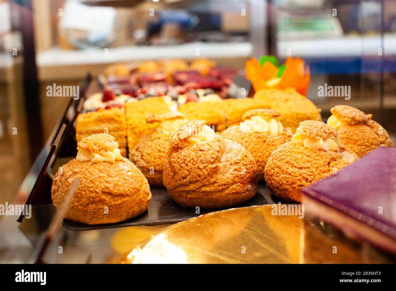 Delicious pastries on display a confectionery shop Stock Photo - Alamy