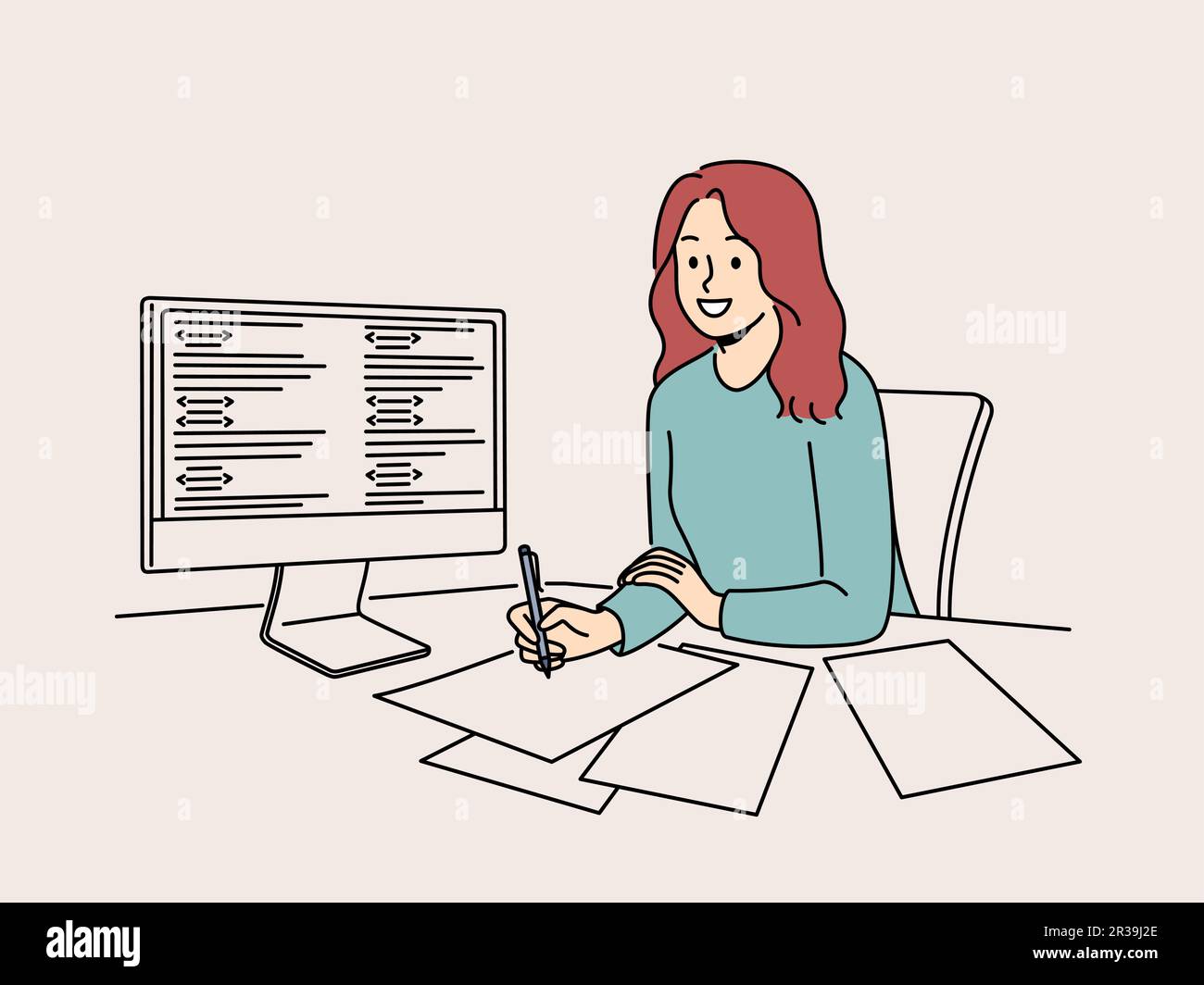 Smiling girl sit at desk working on computer taking notes. Happy woman ...