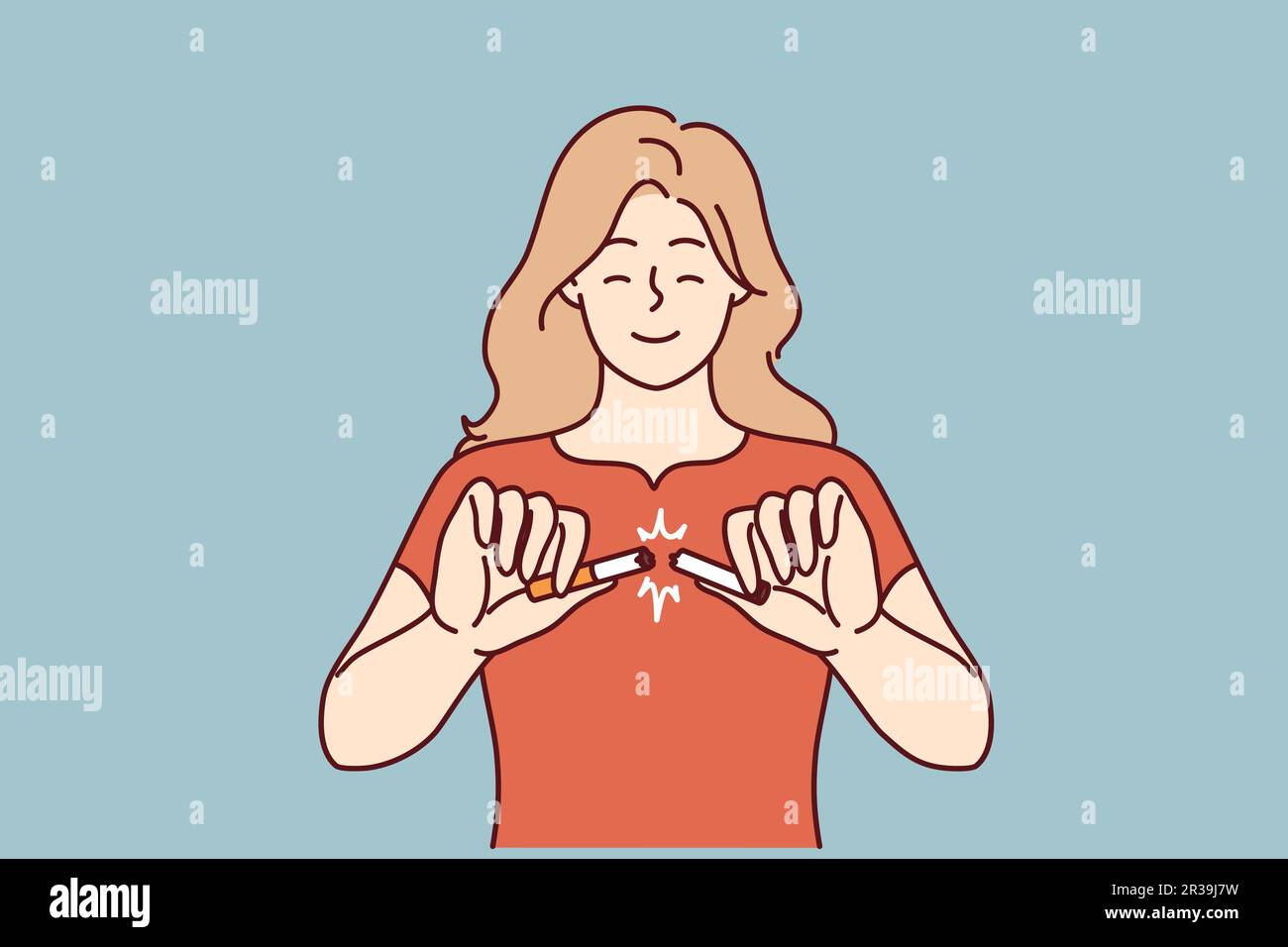 Woman with smile breaks cigarette as sign of fight against nicotine ...