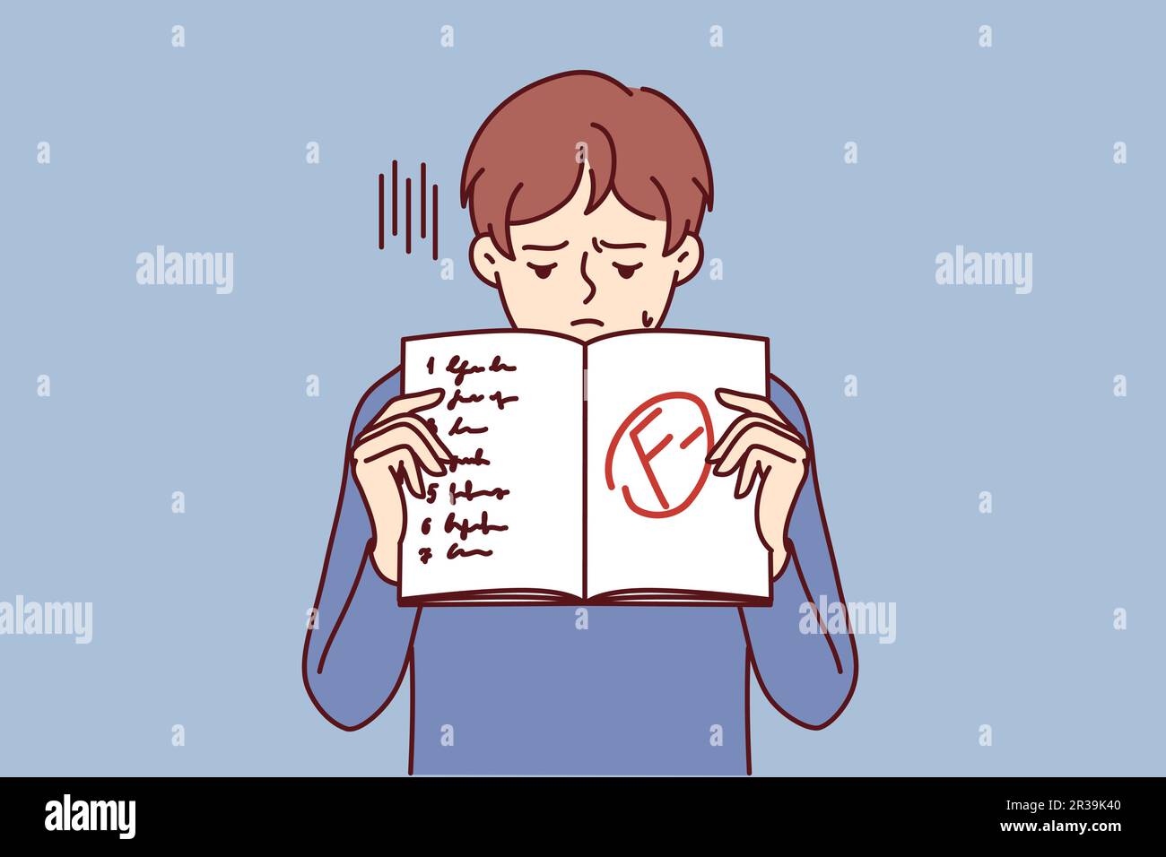 Boy shows school notebook with bad mark from teacher and looks down ...