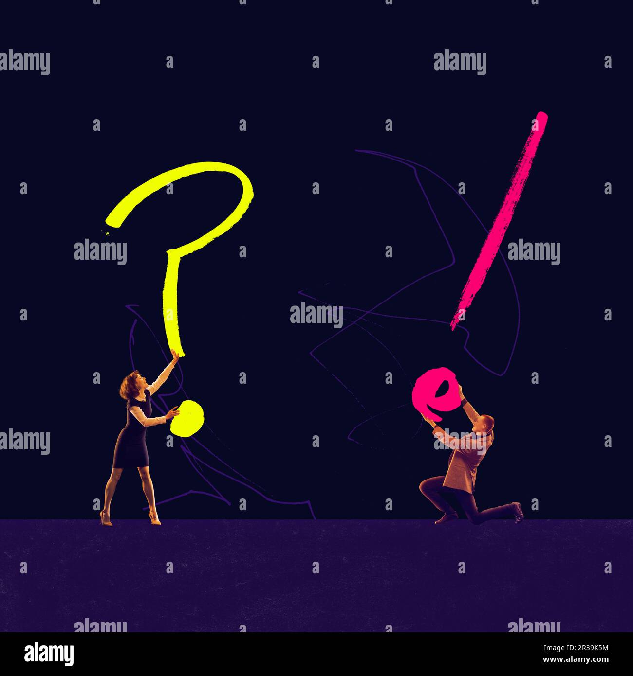 Contemporary art collage with two people, office workers working ...