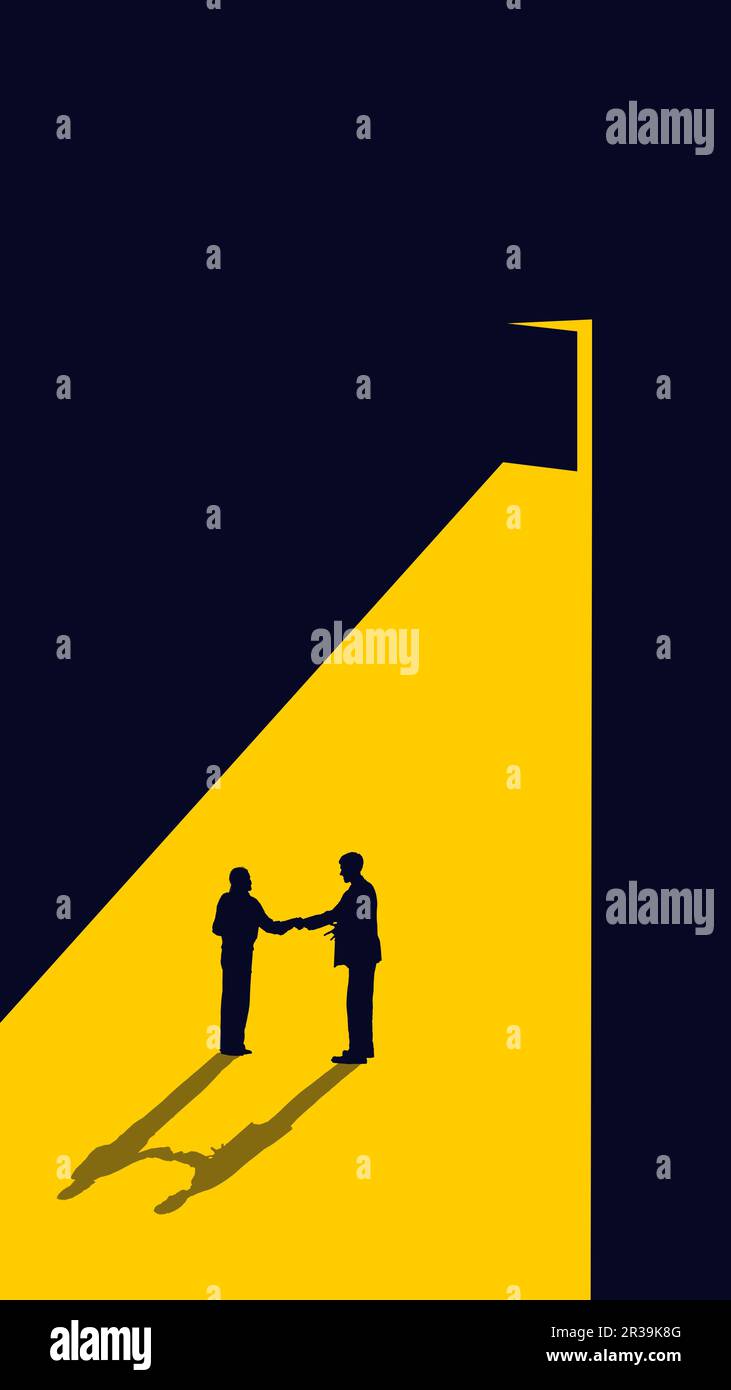 Contemporary art collage with two people, business men shaking hands ...