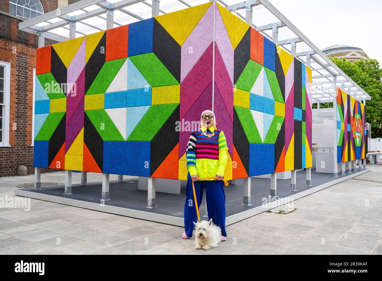 London, UK. 23 Mary 2023. British artist Morag Myerscough and her dog ...