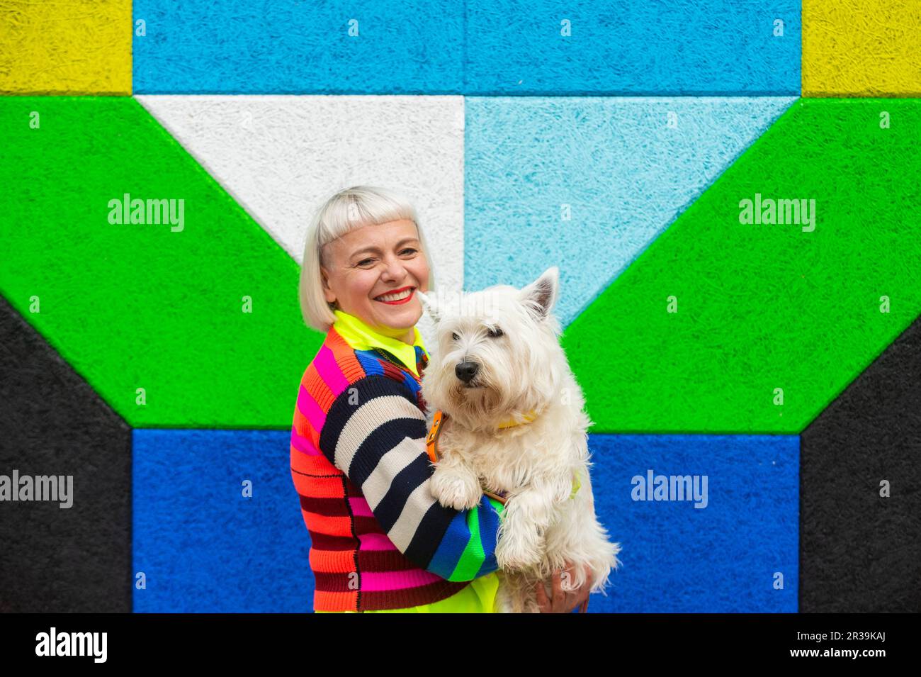 London, UK. 23 Mary 2023. British artist Morag Myerscough and her dog ...