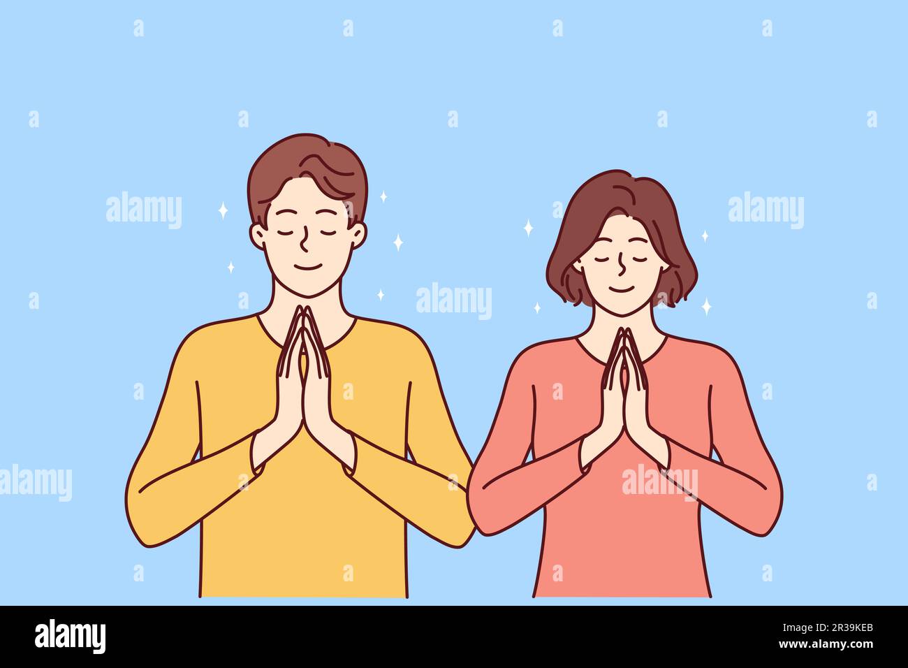 Praying man and woman fold palms in front of chests for joint prayer ...