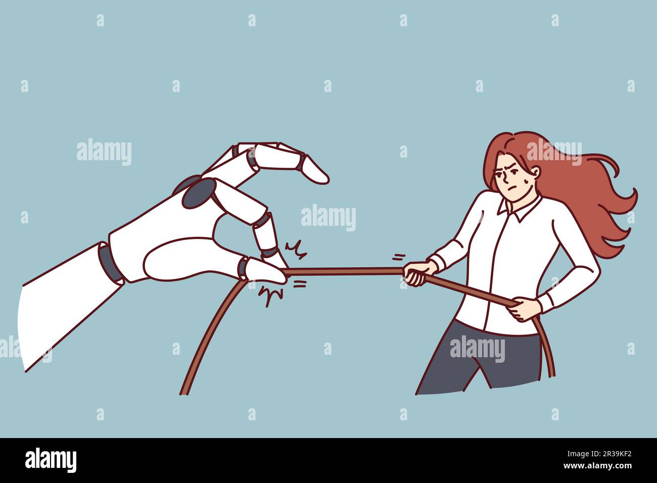 Woman and giant robot arm for concept of fight between human and ...