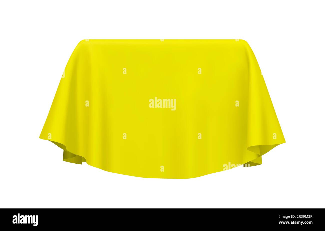 Yellow fabric covering a cube or rectangular shape, isolated on white ...