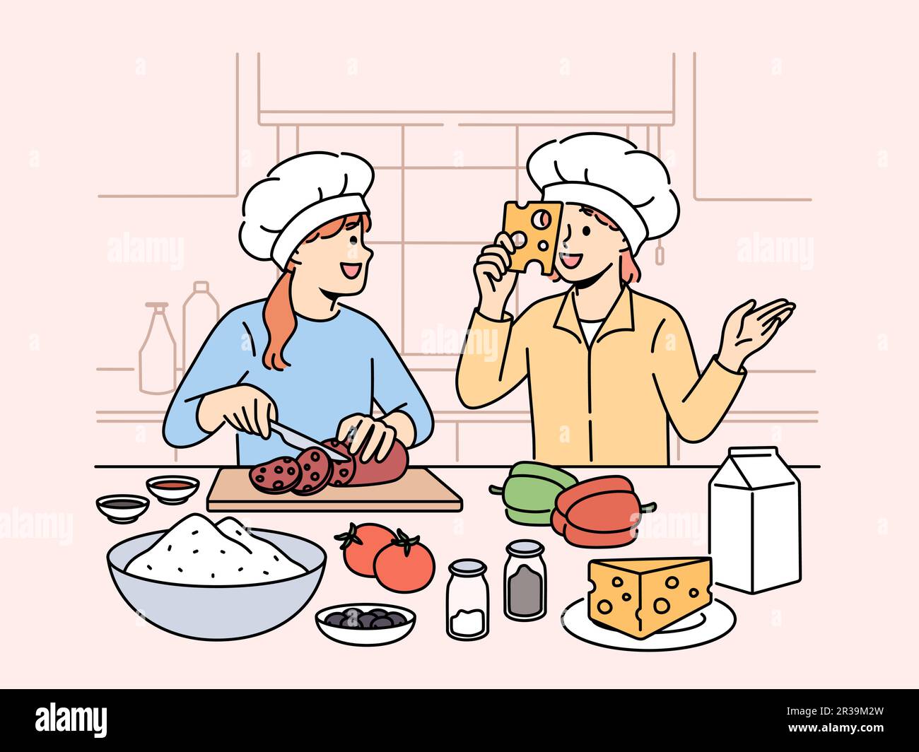 Smiling kids cooking together at home kitchen. Happy little children ...