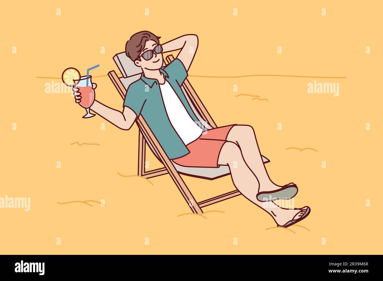 Man tourist is sunbathing on beach sitting in sun lounger and drinking ...