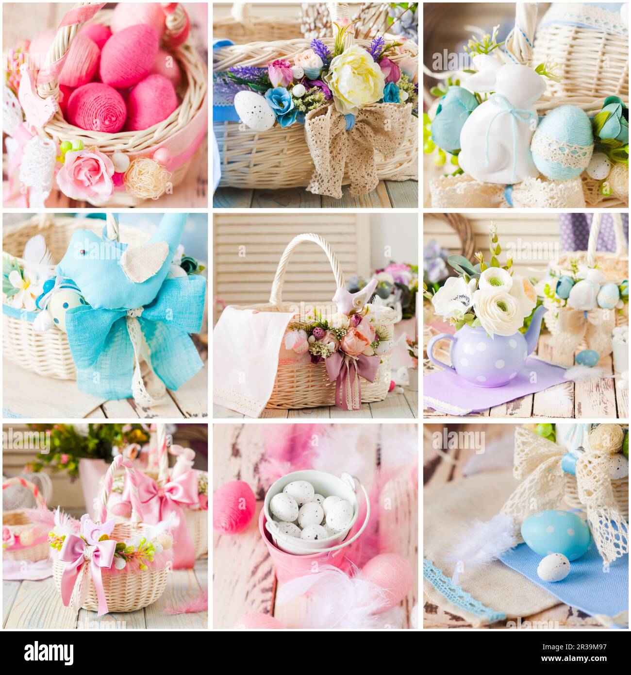 Easter baskets, eggs, decoration and flowers, collage Stock Photo - Alamy
