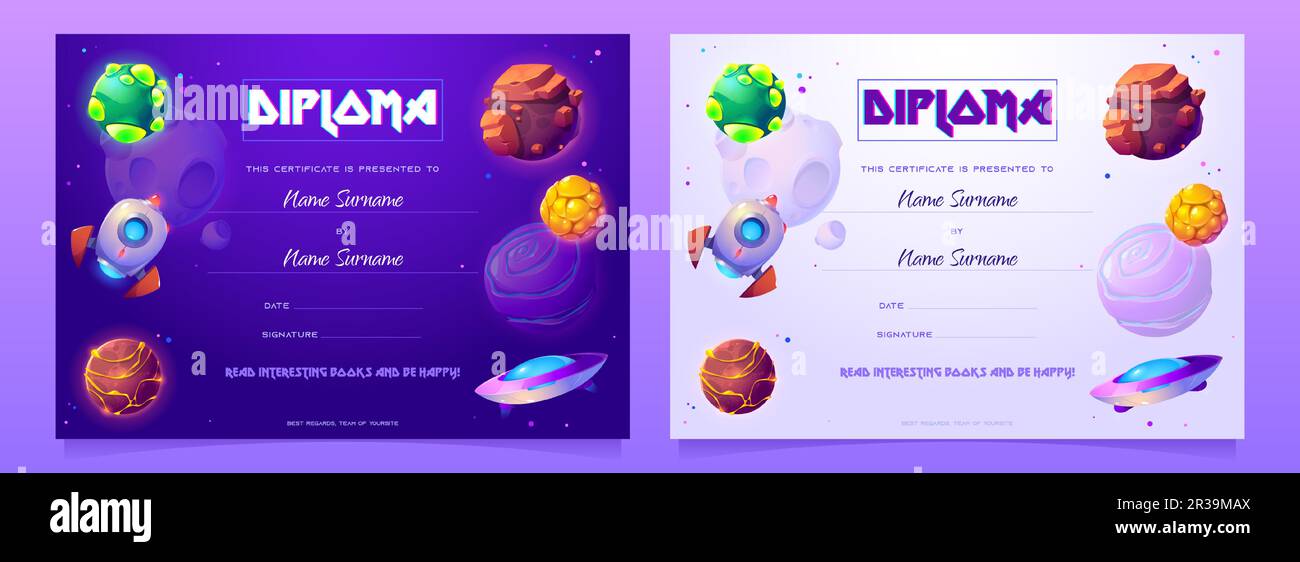 Vector diploma with cosmos design for kids in kindrgarten, preschool or ...