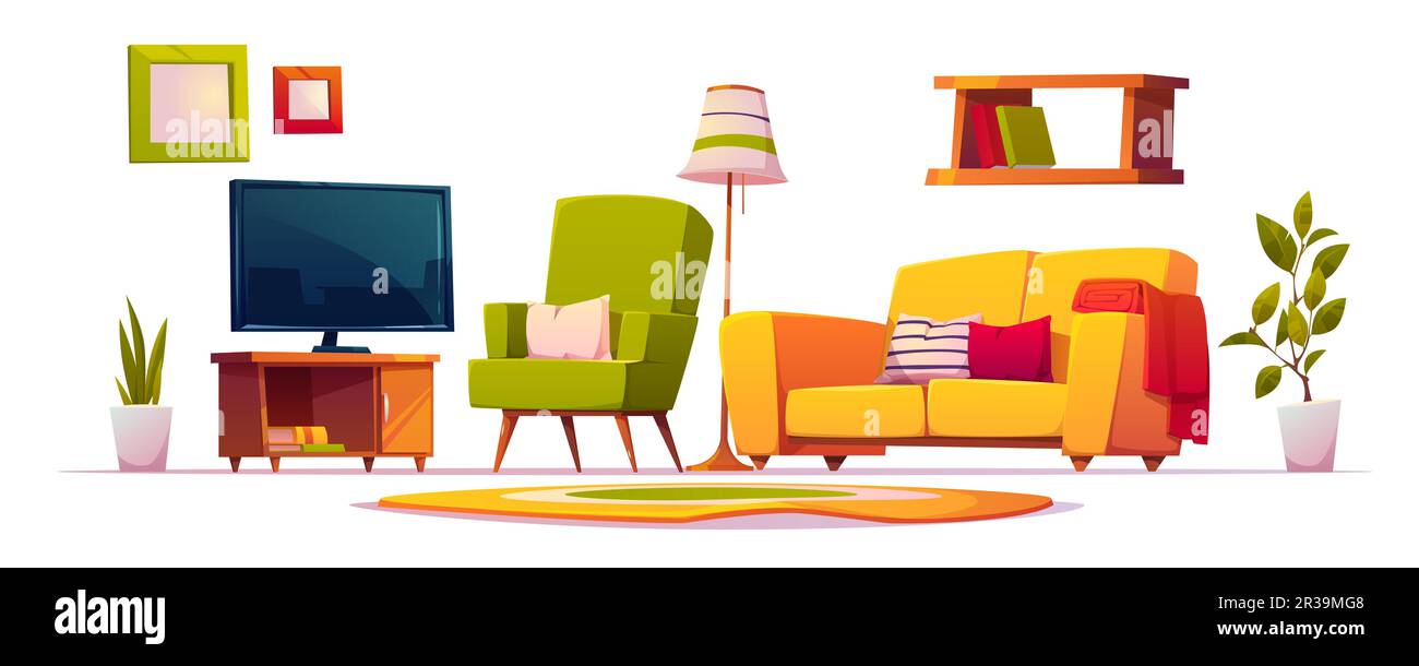 Living room interior set with sofa, armchair, bookshelves and tv ...