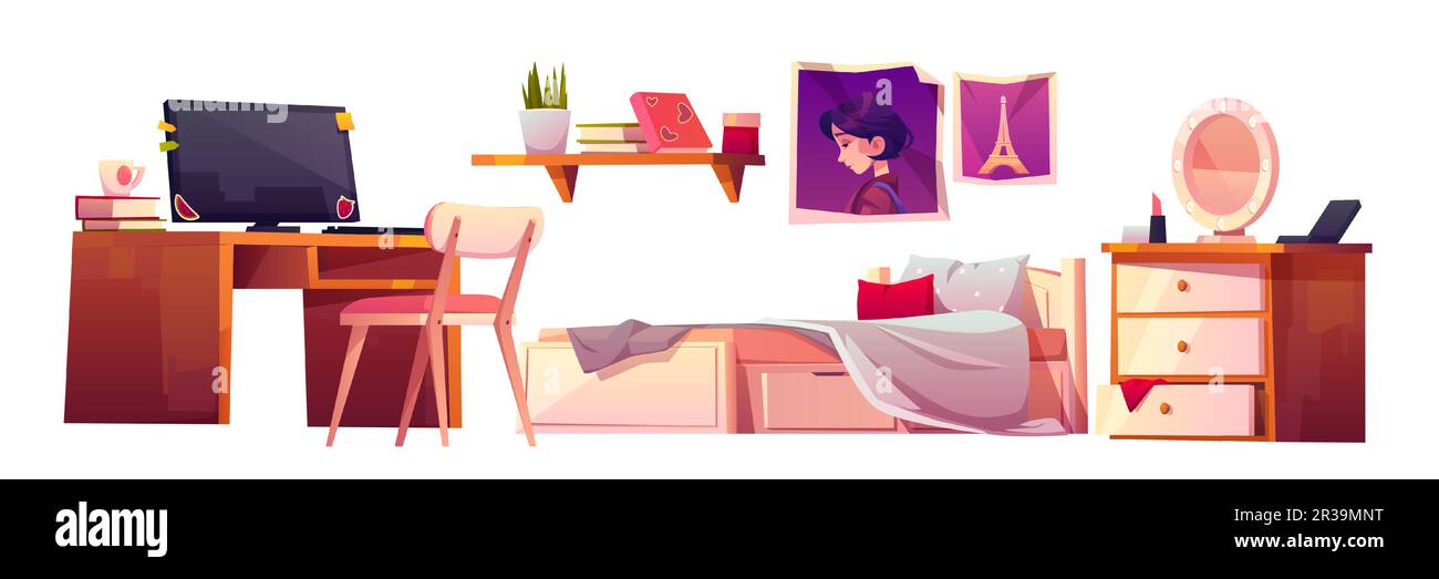 Girl bedroom interior set isolated on white background. Vector cartoon ...