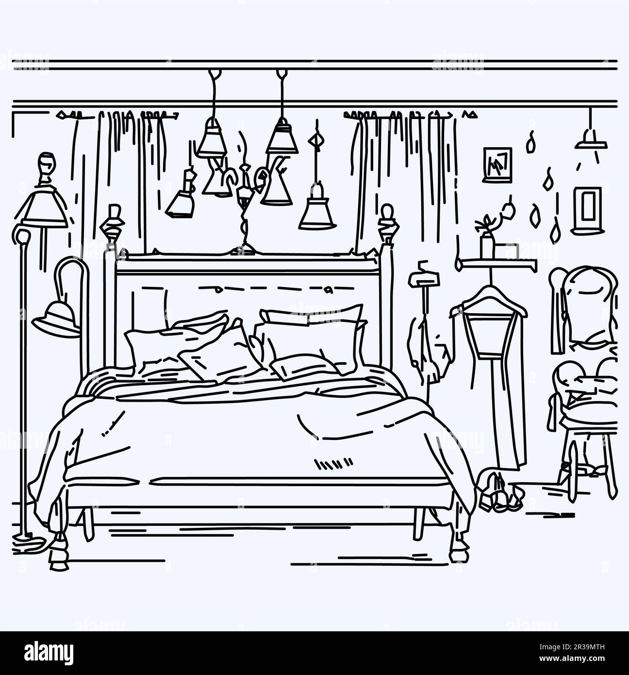 Vintage room sketch line art vector silhouette Stock Photo - Alamy