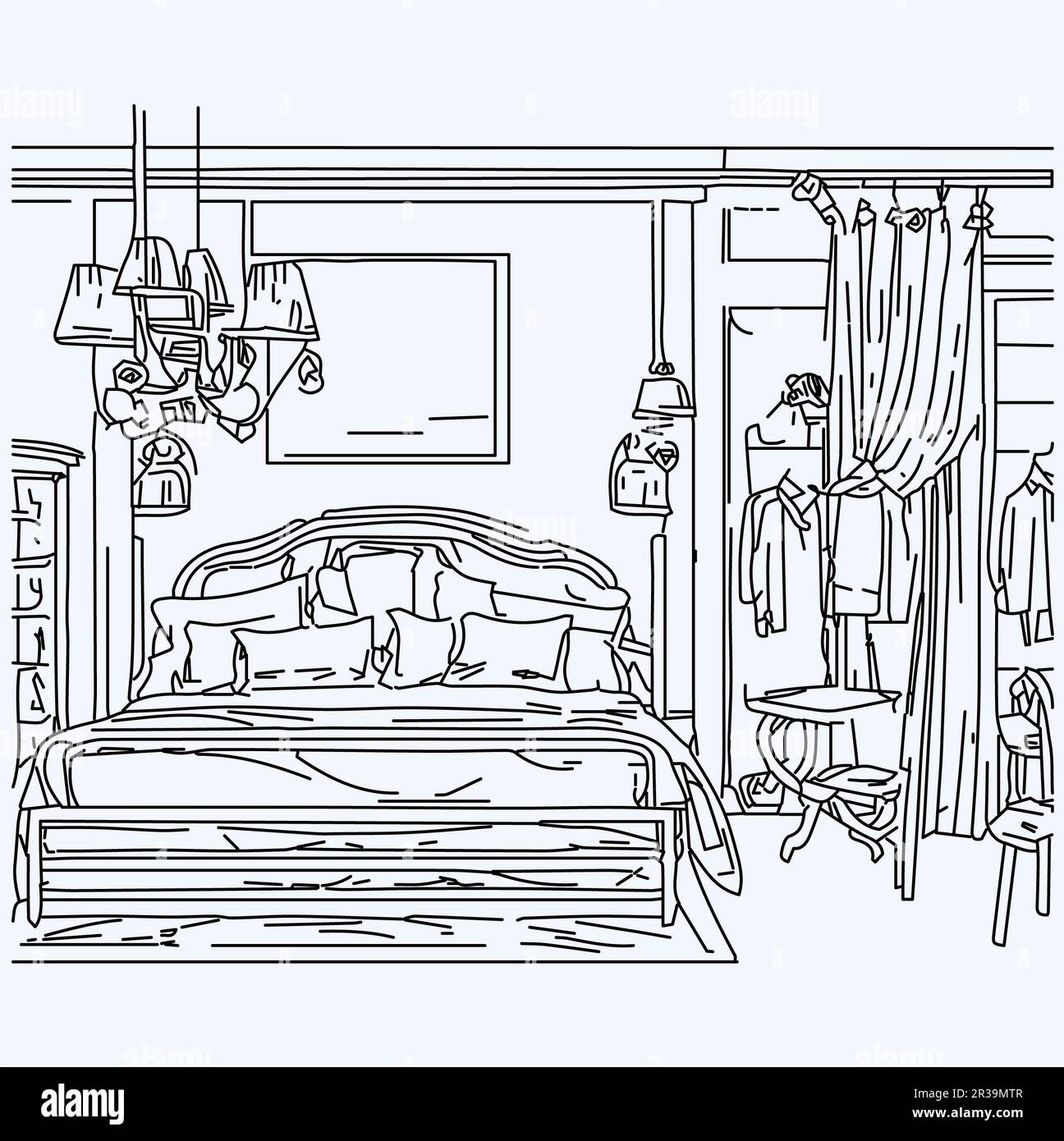 Vintage room sketch line art vector silhouette Stock Photo - Alamy