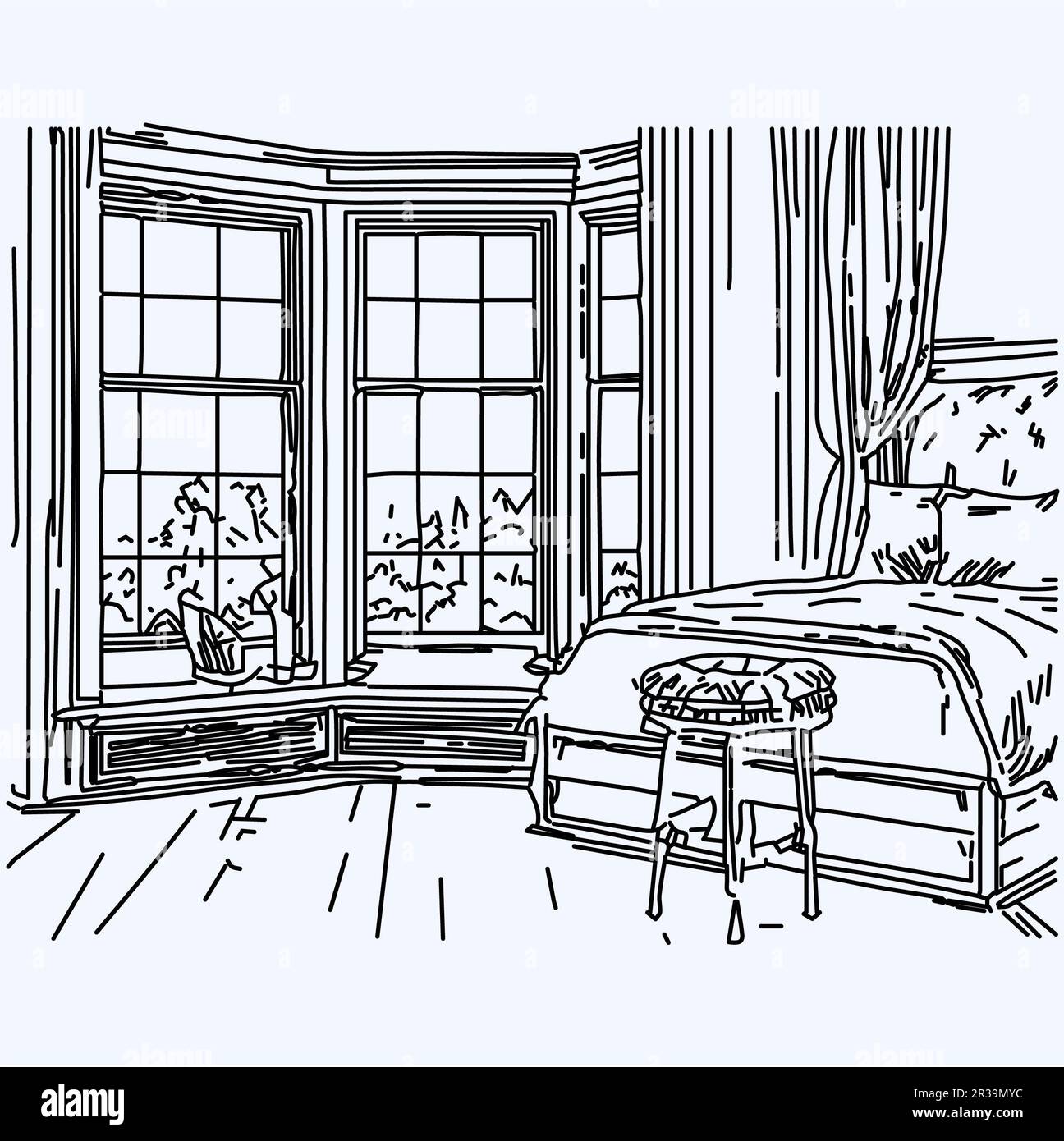 Vintage room sketch line art vector silhouette Stock Photo - Alamy