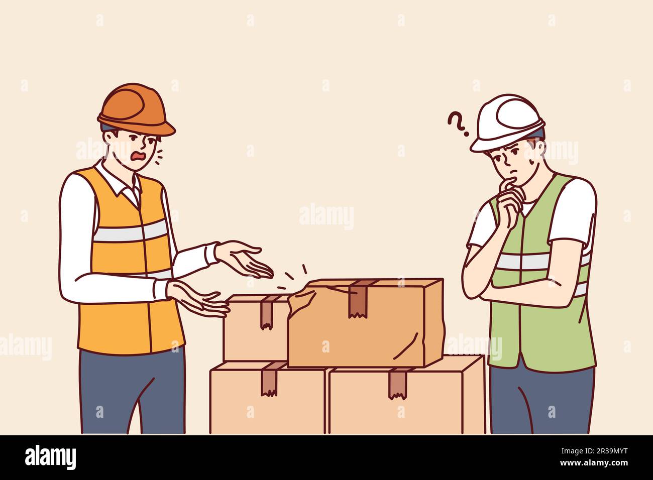 Warehouse workers near cardboard boxes damaged in transit due to ...