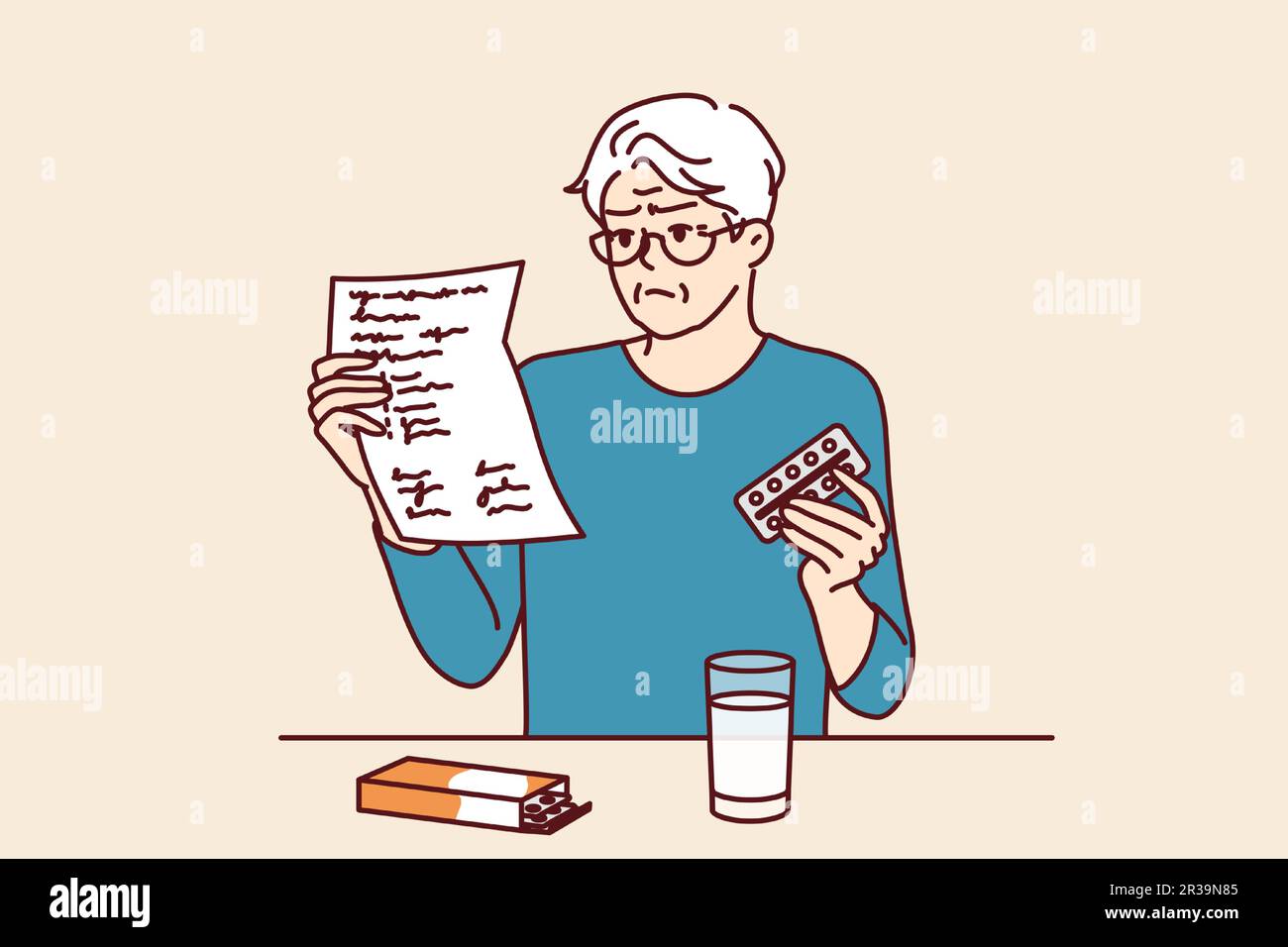 Elderly man takes medicine and reads dosage instructions for pills ...