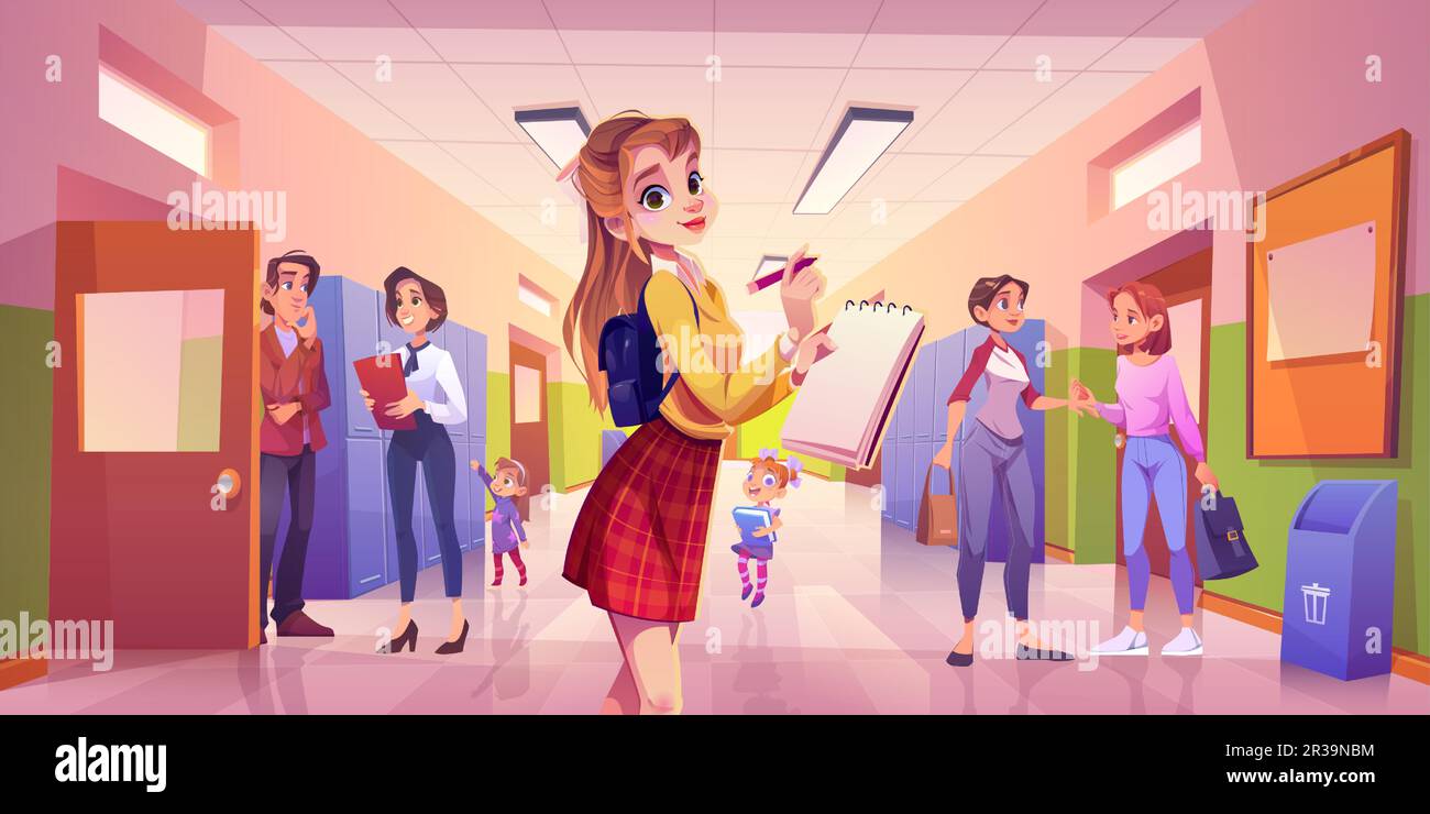 Girl in school hallway corridor vector cartoon interior background ...